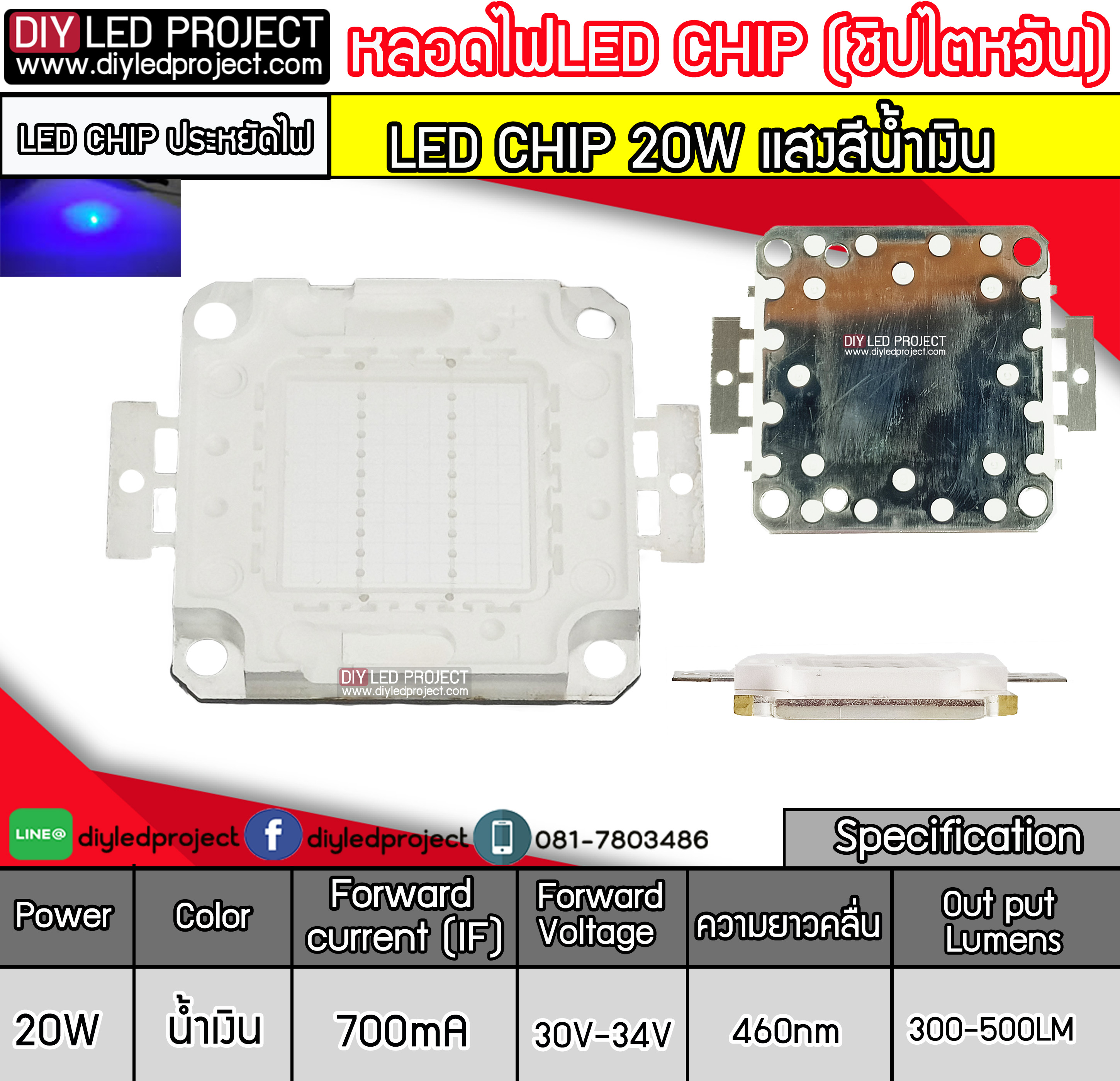 หลอดไฟ LED Chip 20W แสงสีน้ำเงิน
